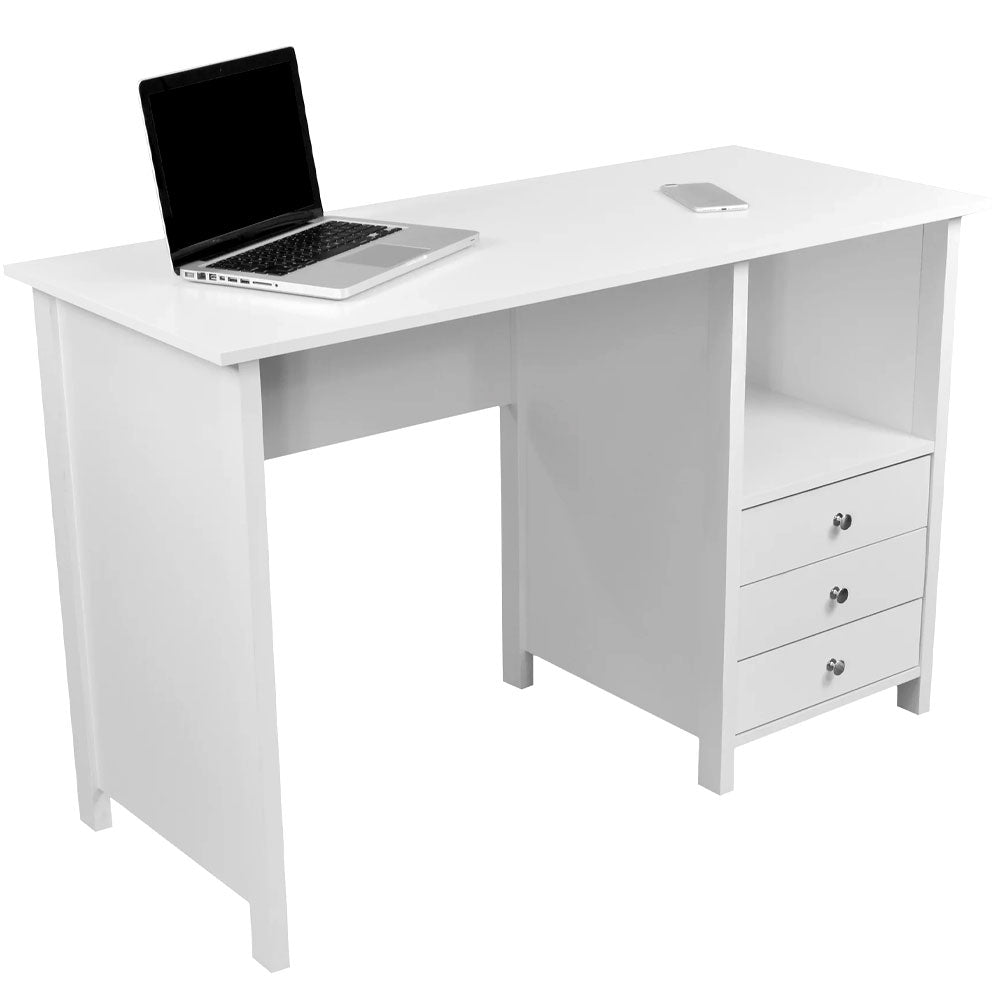 Modern White Desk - Small Wooden Computer Desk with 3 Storage Drawers ...